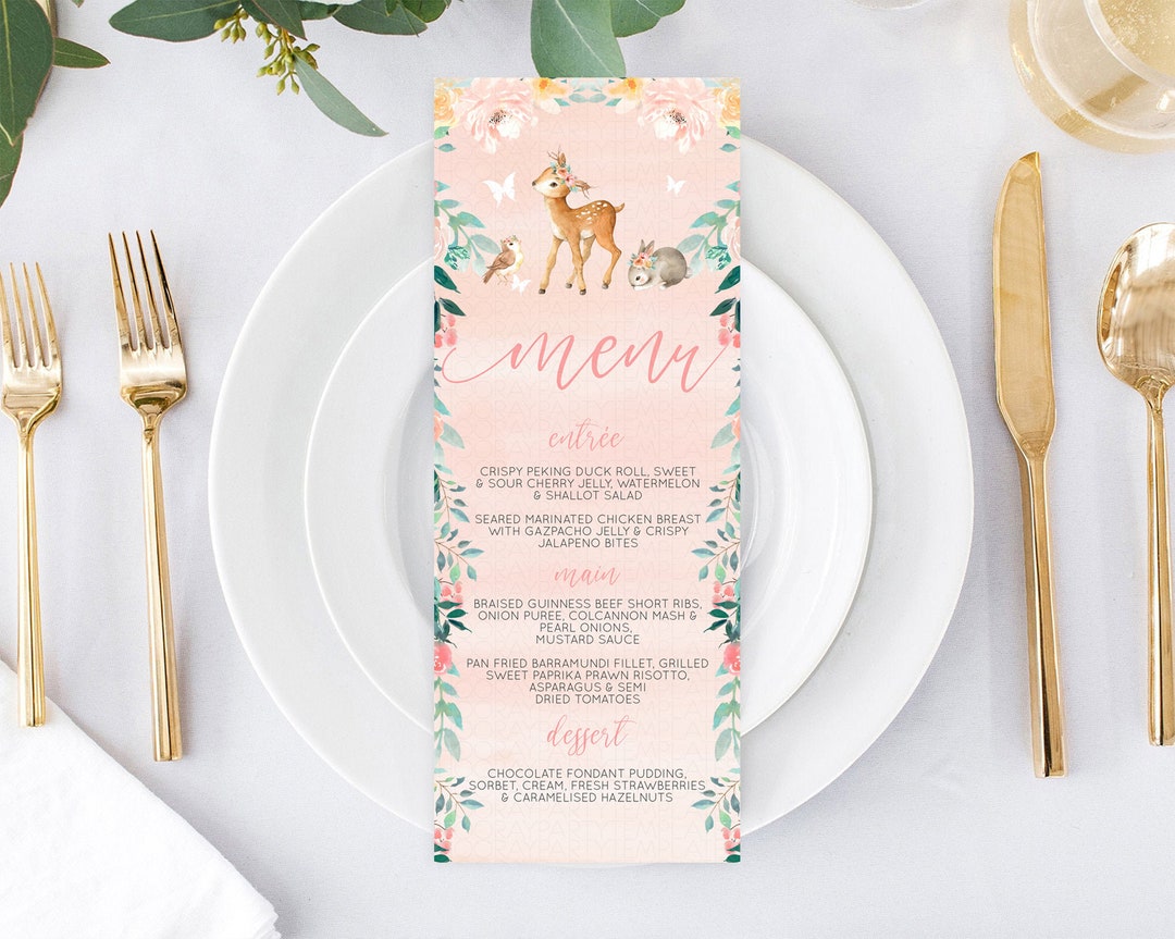 Fawn Menu Deer Menu Template Pastel Floral Deer Table Decor Enchanted ...