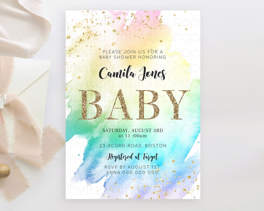 Pastel Rainbow Baby Shower Invitation With Gold Glitter Sprinkles ...