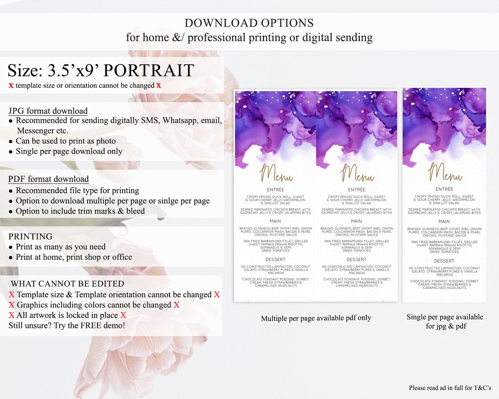 Purple Menu Purple Watercolor Menu Template Pastel Purple Table Décor ...