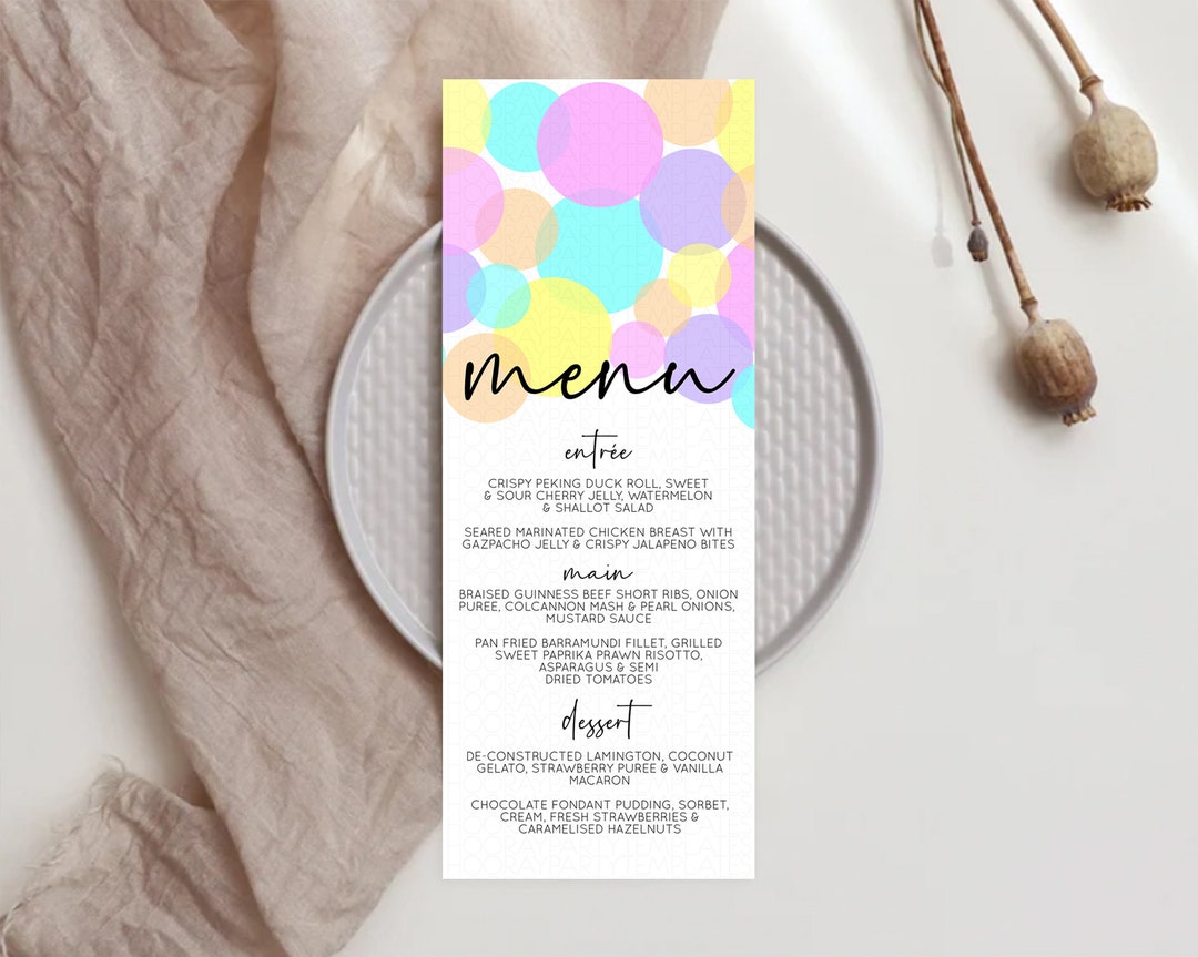 Rainbow Menu Pastel Menu Template Pastel Rainbow Table Decor Confetti ...