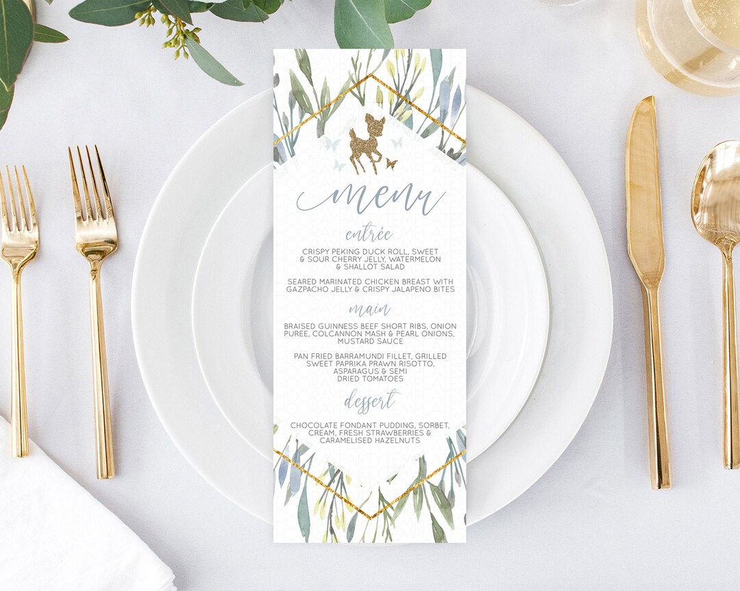Fawn Menu Deer Menu Template Pastel Floral Deer Table Decor Enchanted ...