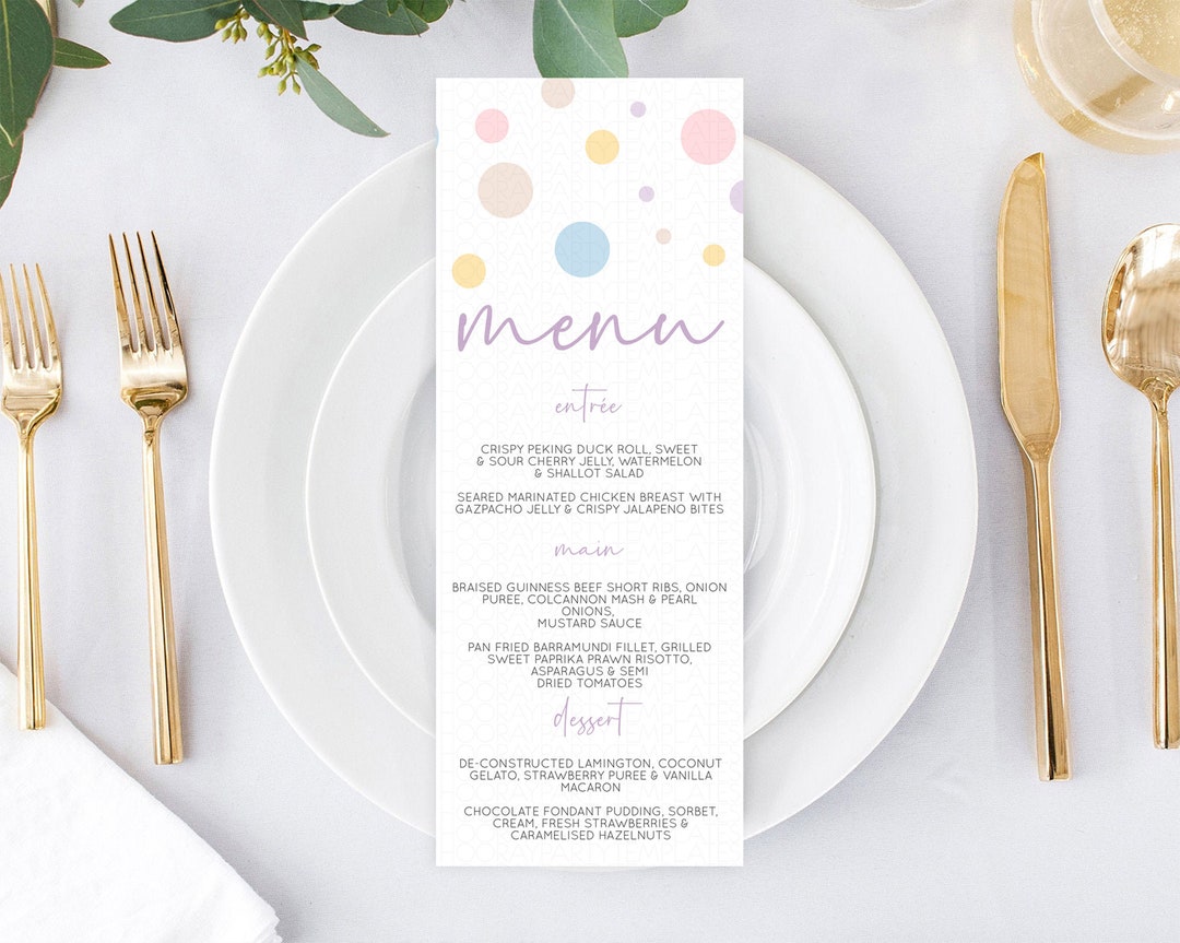 Rainbow Menu Pastel Menu Template Pastel Rainbow Table Decor Confetti ...