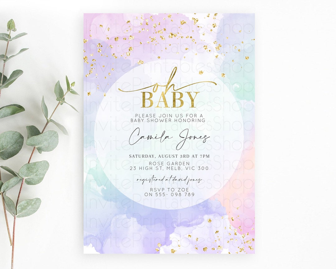 Pastel Rainbow Baby Shower Invitation, Colorful Watercolor With Gold ...
