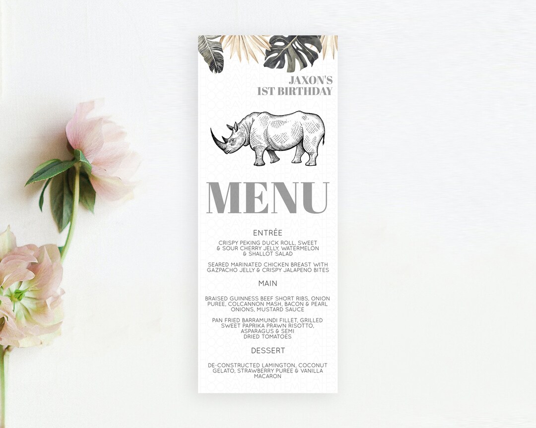 Rhino Menu Rhino Menu Template Rhino Party Table Decor Safari Adventure ...