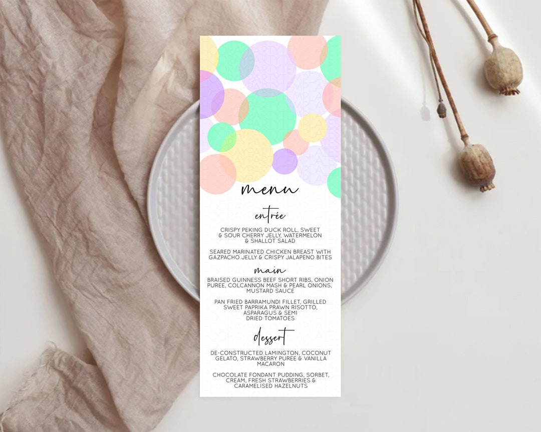 Rainbow Menu Pastel Menu Template Pastel Rainbow Table Decor Confetti ...