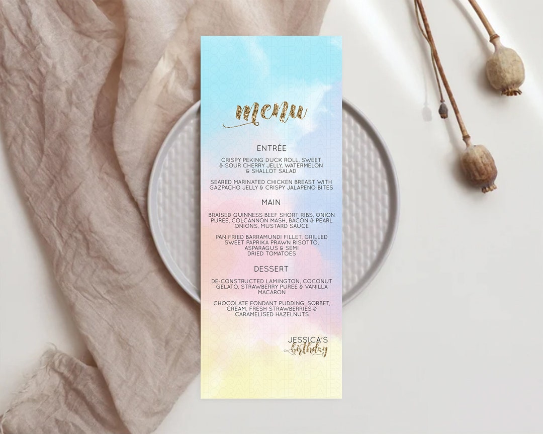 Pastel Menu Pastel Rainbow Menu Template Colorful Pastel Table Decor ...