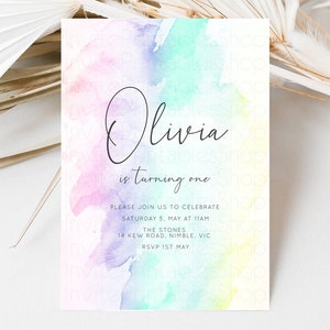 Rainbow Watercolor Birthday Invitation Pastel Rainbow Birthday ...