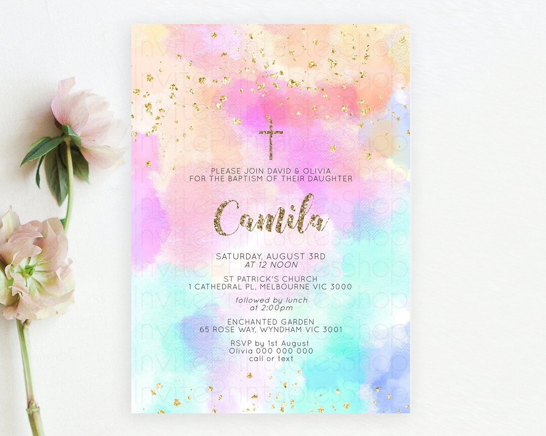 Pastel Baptism Invitation Pastel Colors Watercolor Baptism 1st Birthday ...
