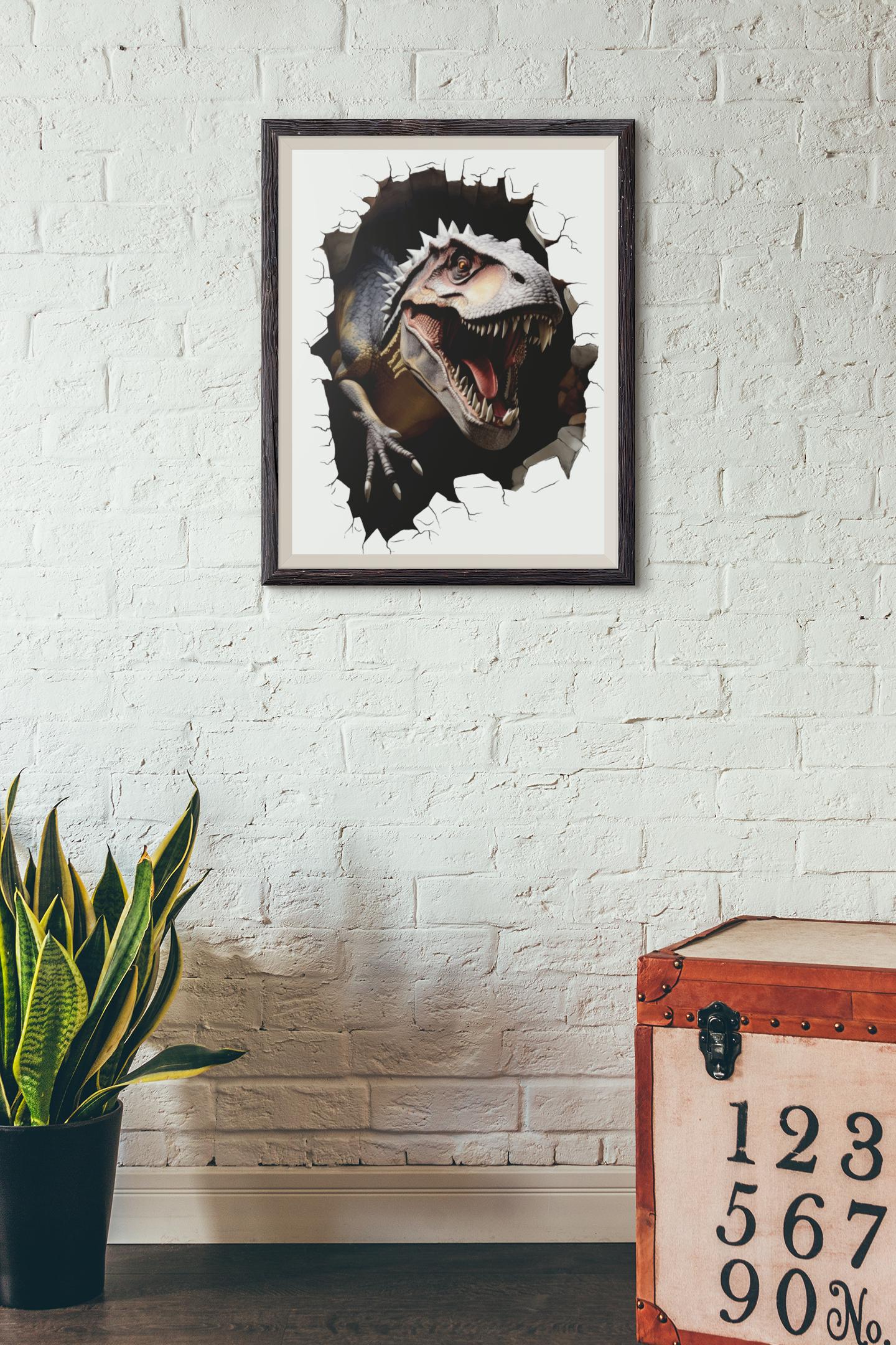 Fierce T. Rex Ripping Through Wall Poster - Dynamic Dinosaur Digital ...
