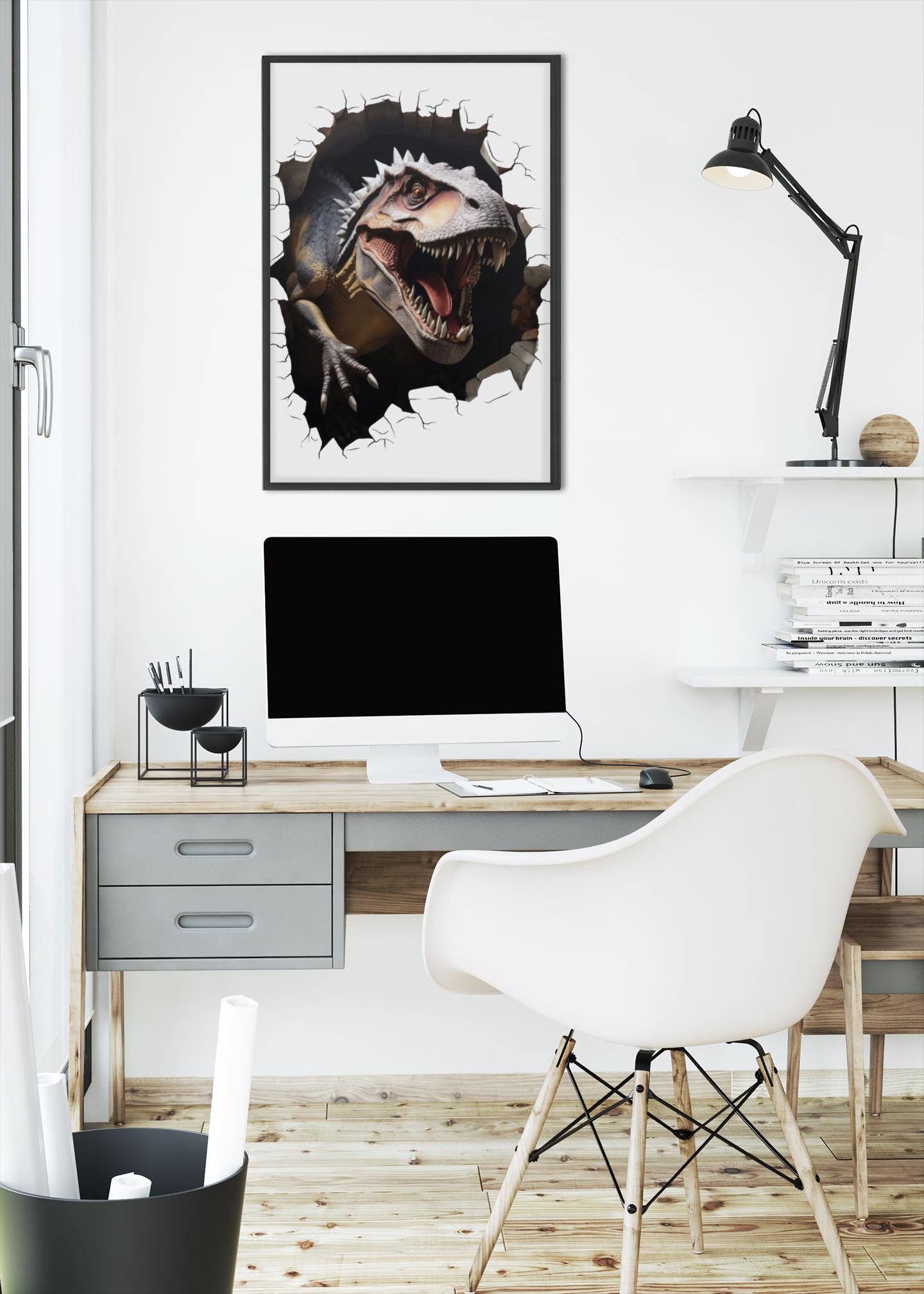 Fierce T. Rex Ripping Through Wall Poster - Dynamic Dinosaur Digital ...