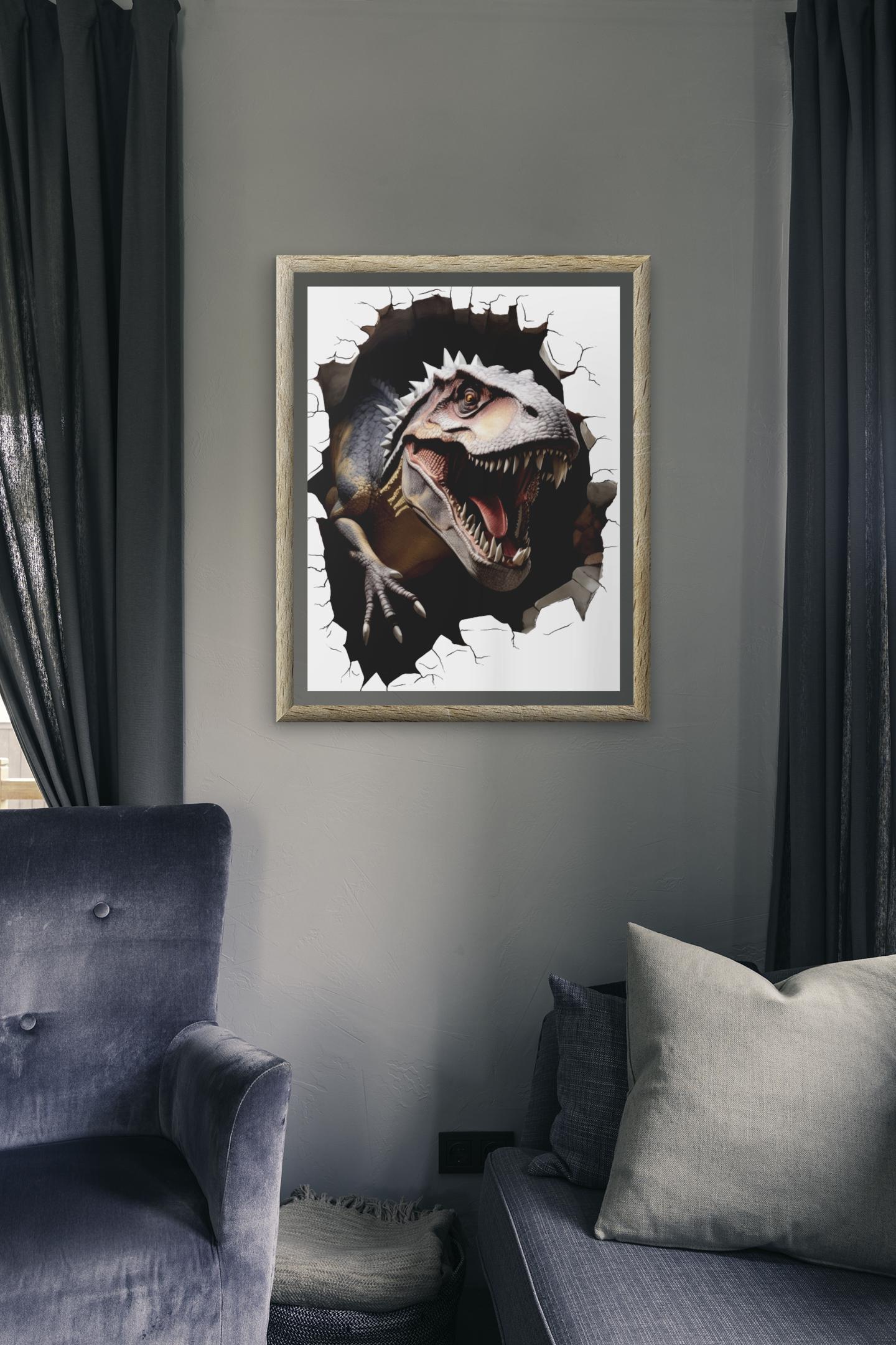 Fierce T. Rex Ripping Through Wall Poster - Dynamic Dinosaur Digital ...