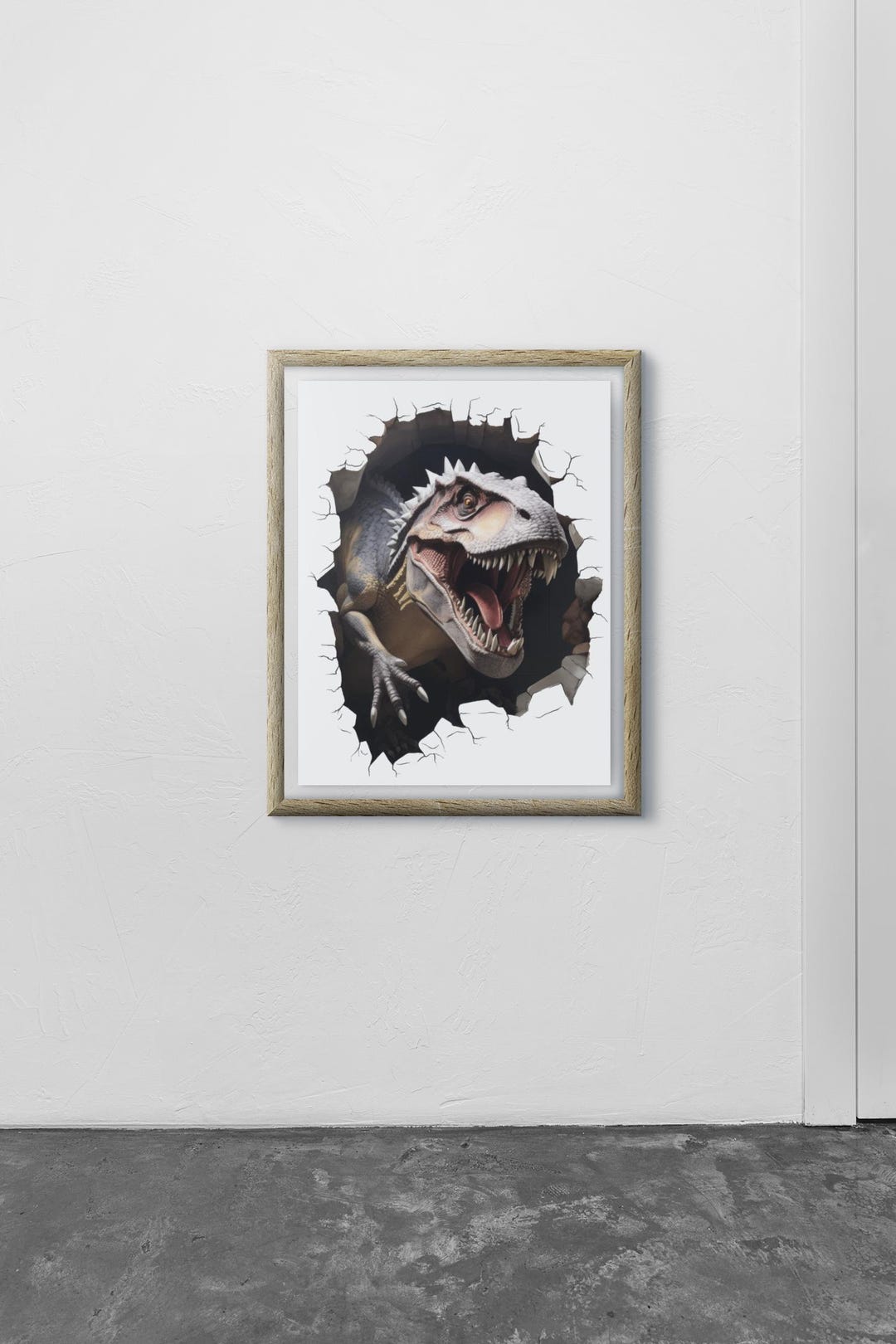 Fierce T. Rex Ripping Through Wall Poster - Dynamic Dinosaur Digital ...