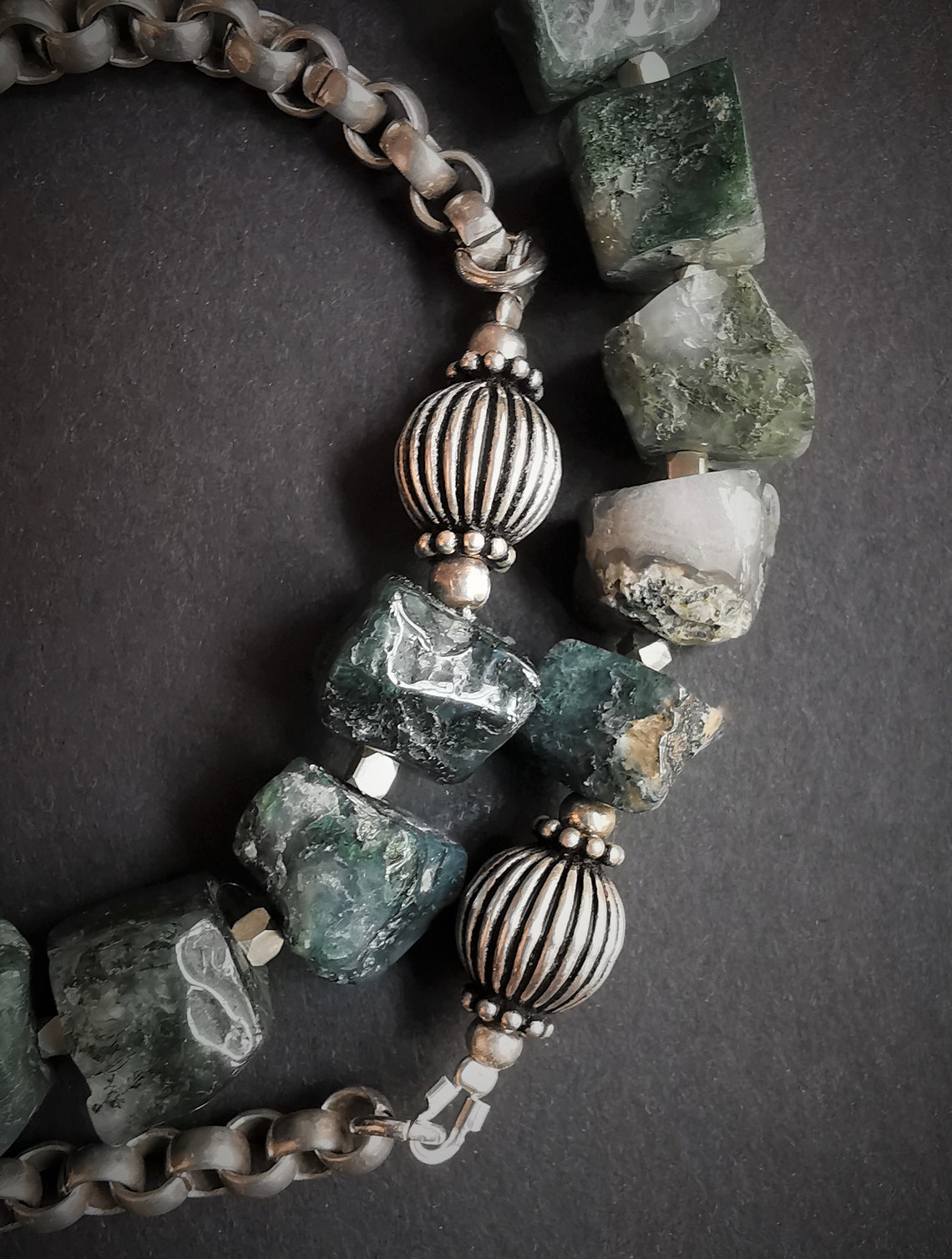 Moss Agate on Indian Silver Chain Necklace Ethnic Artisan - Etsy