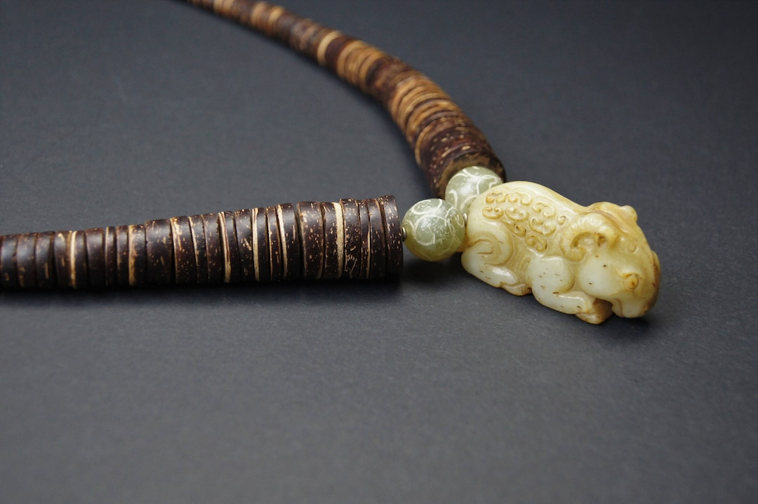 Carved Jade Ram Pendant, Coconut Heishi Beads, Fusion Necklace, Ethnic ...