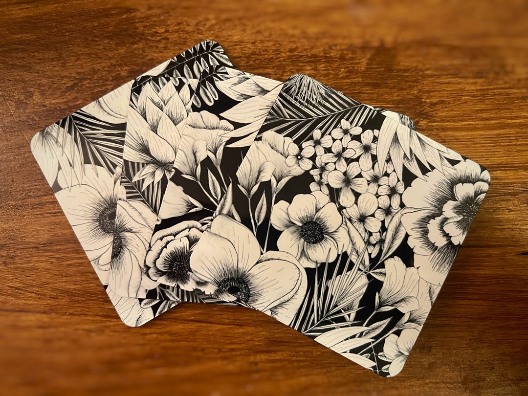 Set of 4 Black Botanical Coasters With Cork Bottom | Botanical Flowers ...