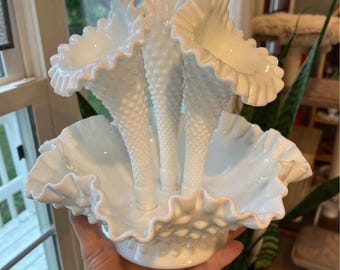RARE Vintage Fenton Epergne Diamond Hobnail Milk Glass Centerpiece - Etsy