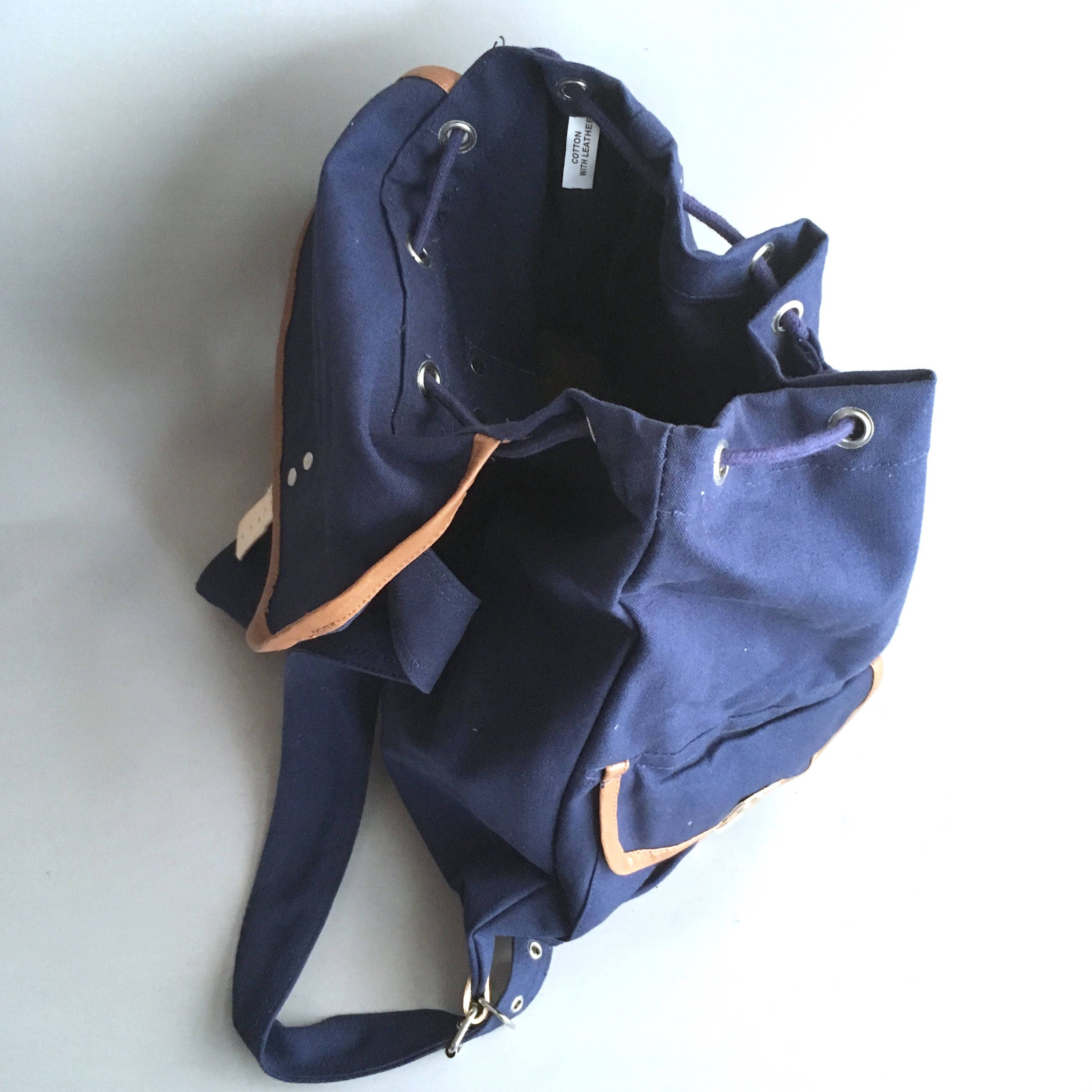 Blue Canvas and Leather Trim Rucksack/backpack Army Surplus Vintage but ...
