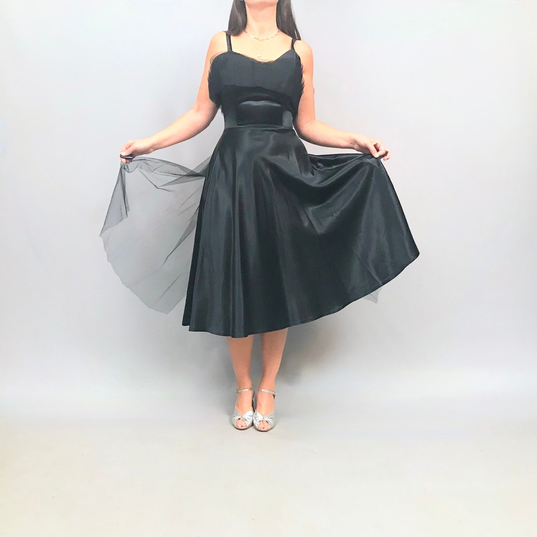 1950s Black Satin Dress With Tulle Sash / Evening Dress / Party Dress ...