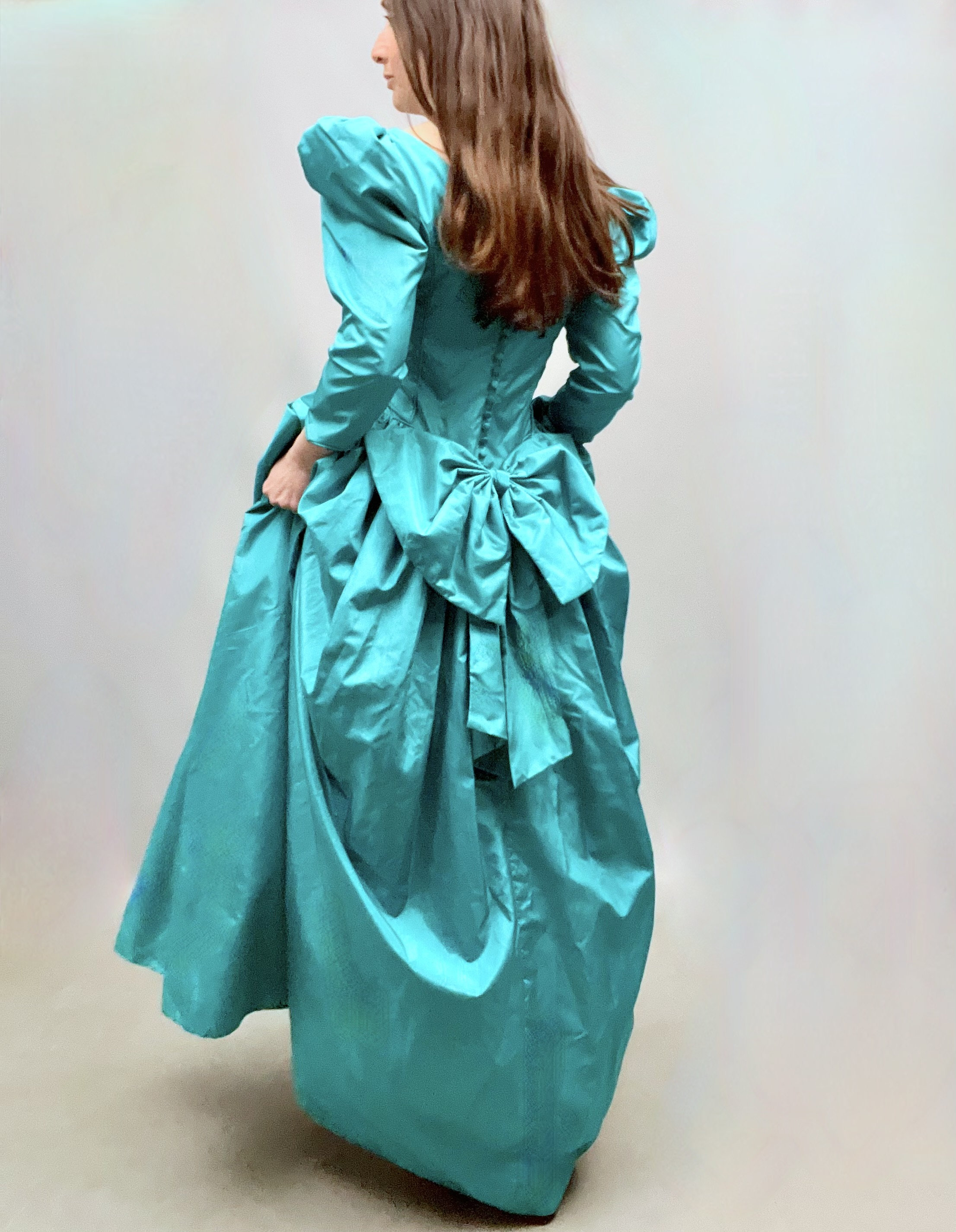 1980s Vintage Turquoise Ball Gown / Puff Sleeves / Basque Waistline ...