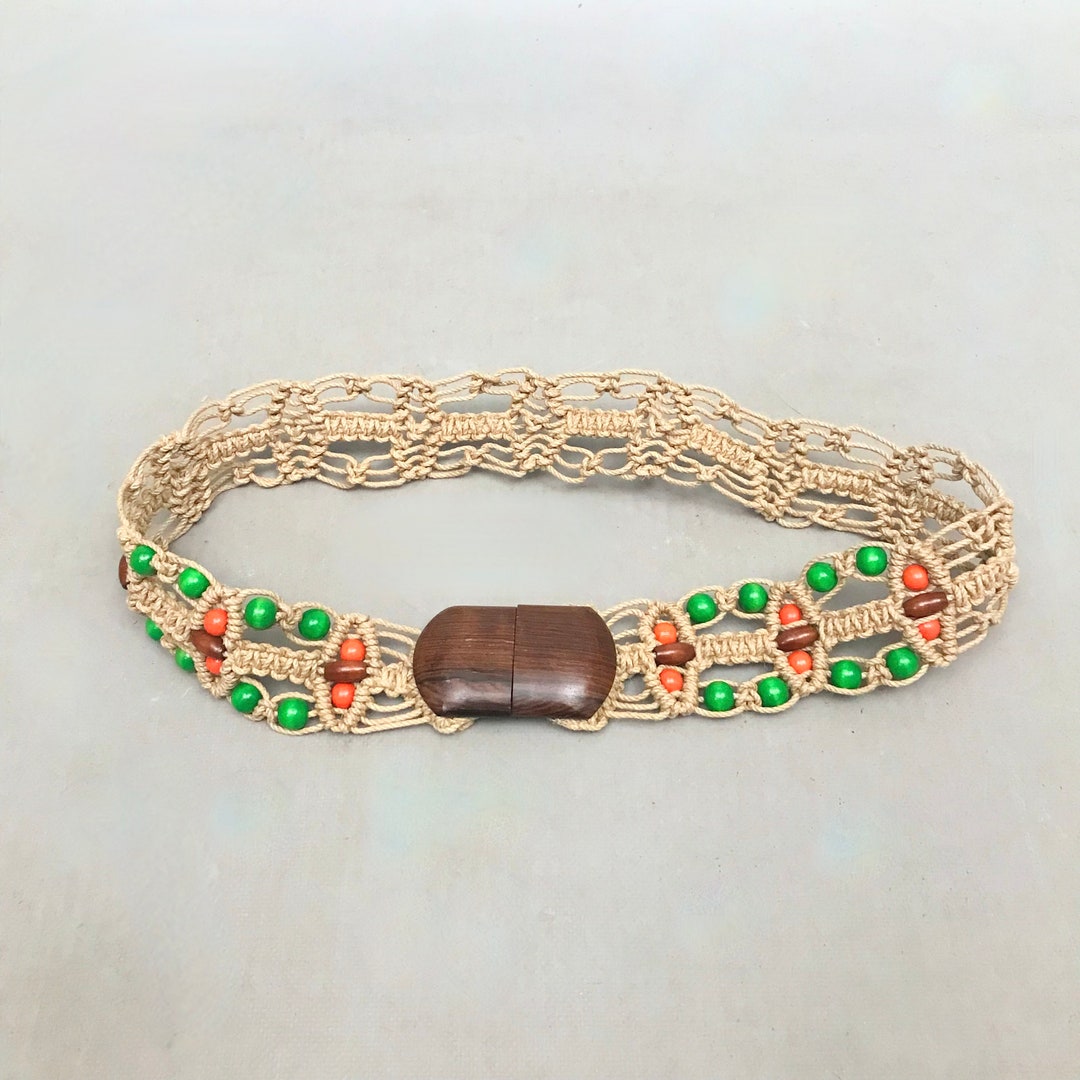 1970s Woven Crocheted Belt With Beads and a Wooden Buckle - Etsy