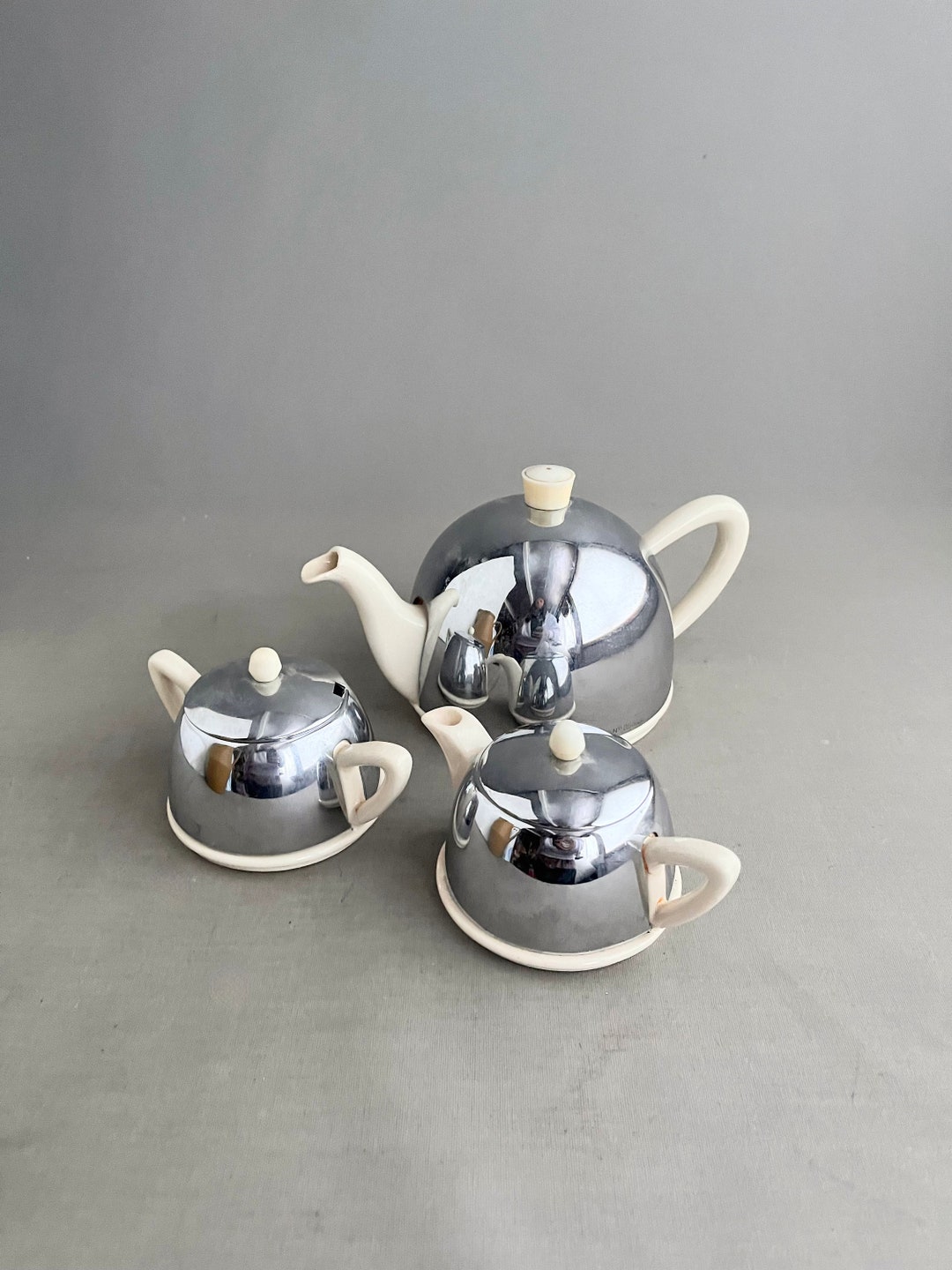 Chrome Covered 1940s Tea Set by Everhot Tea Pot Sugar Bowl and Milk Jug ...