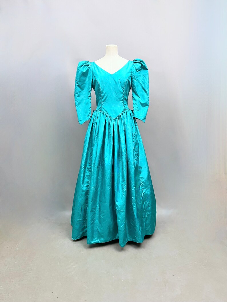 1980s Vintage Turquoise Ball Gown / Puff Sleeves / Basque Waistline ...