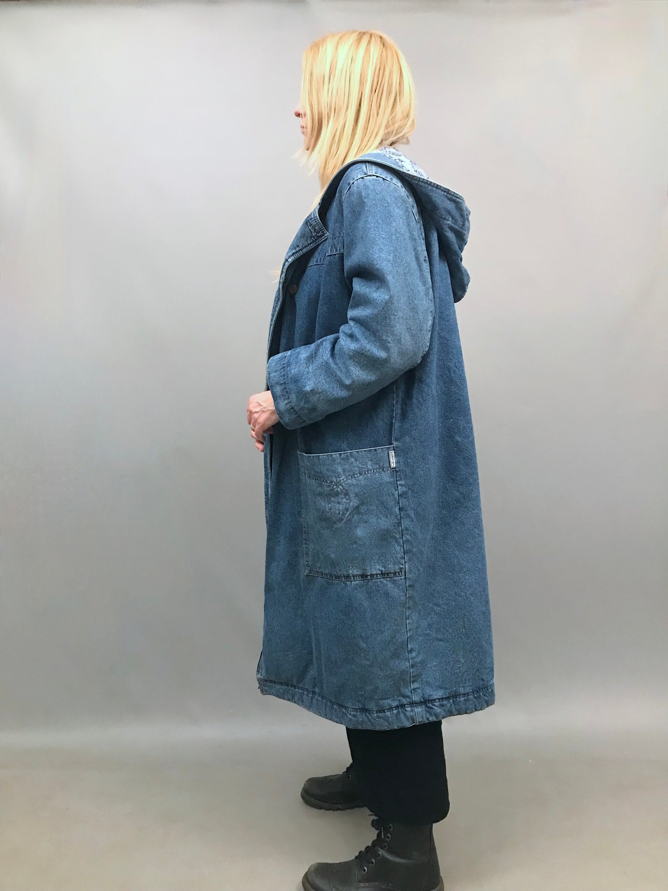 1980s Denim Duffle / Parka Coat With Hood and Patch Pockets / Liberty ...