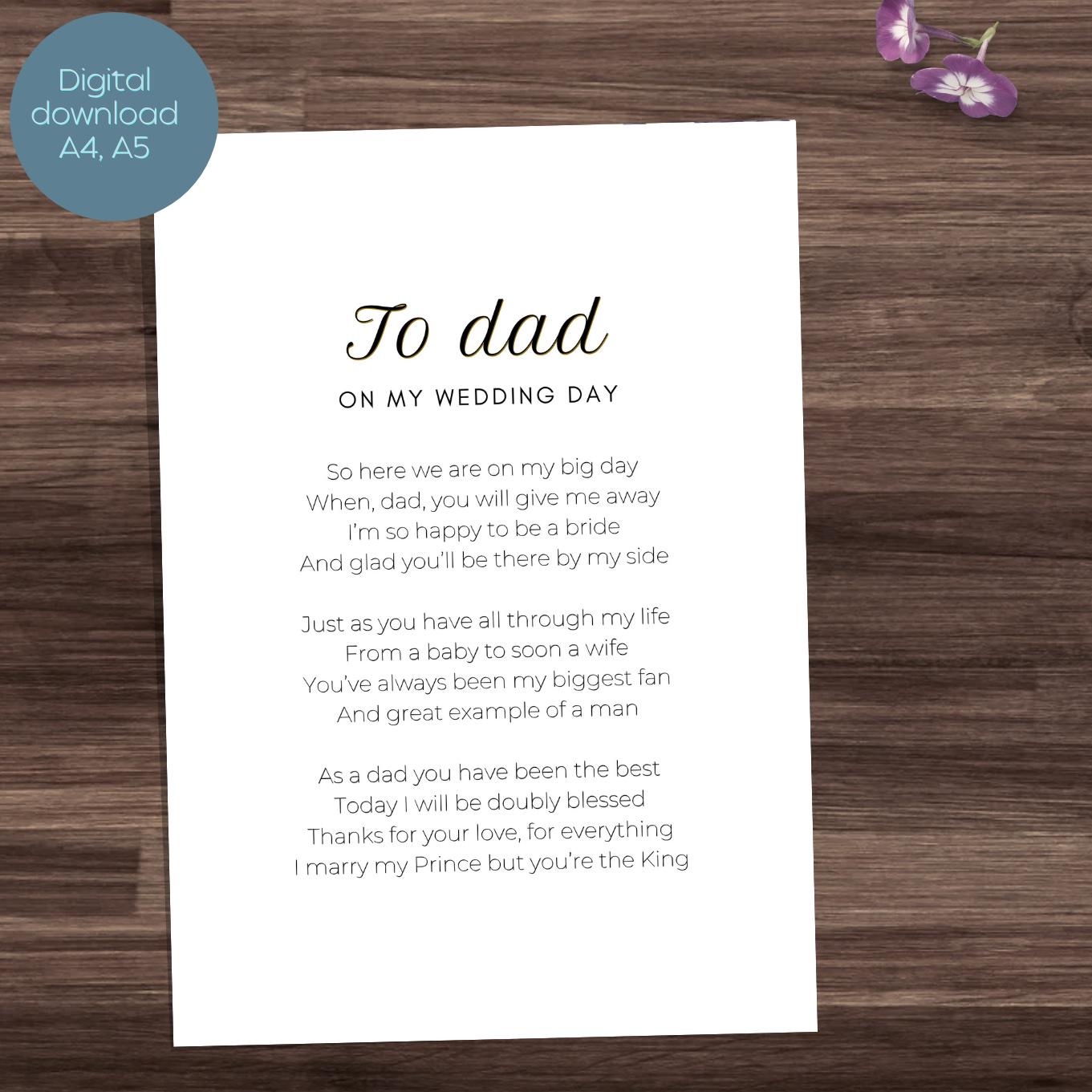 Printable Father of the Bride Poem, Personalised Wedding Gift for Dad ...