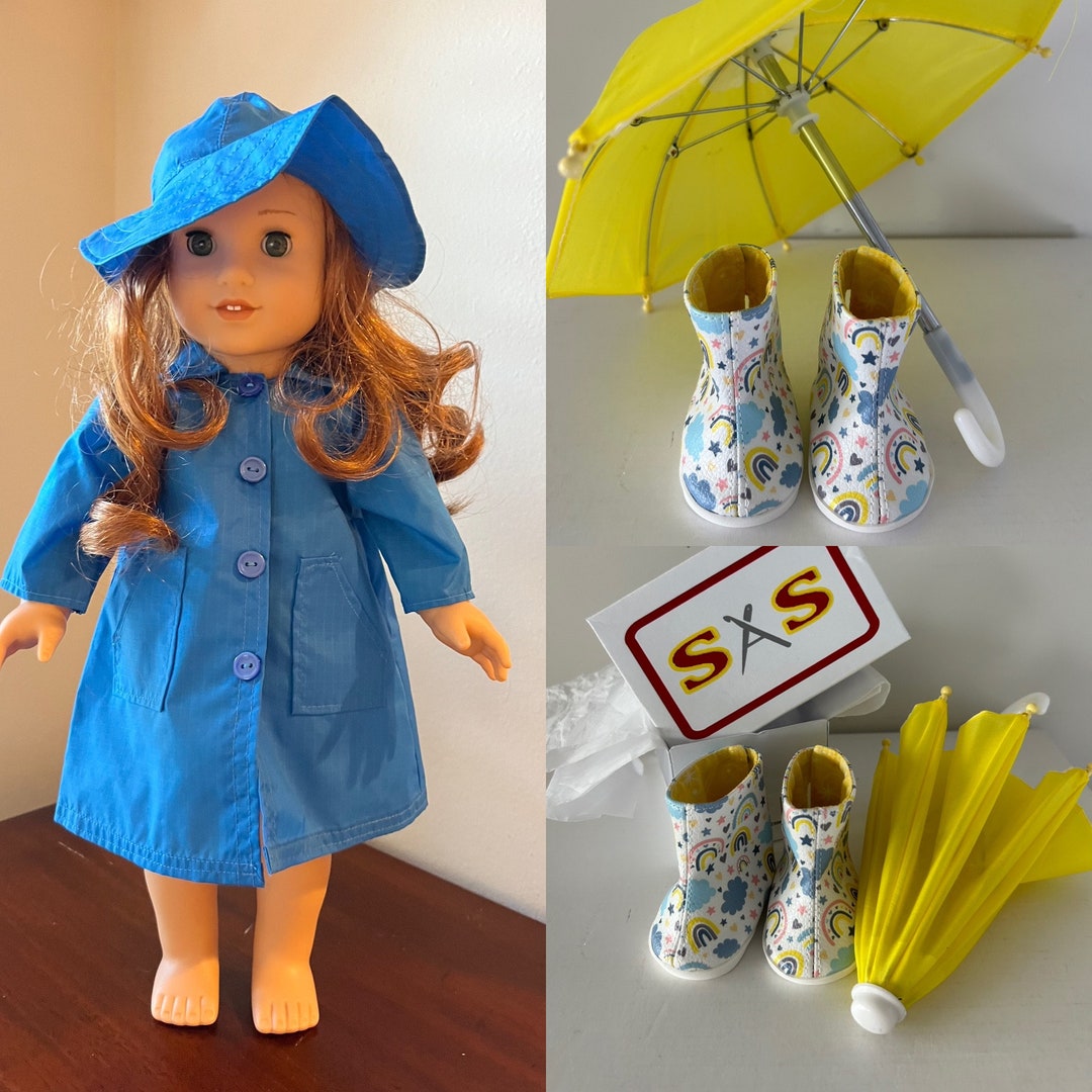 Blue Raincoat, Rain Hat, Rain Boots and Umbrella Set Made to Fit Dolls ...