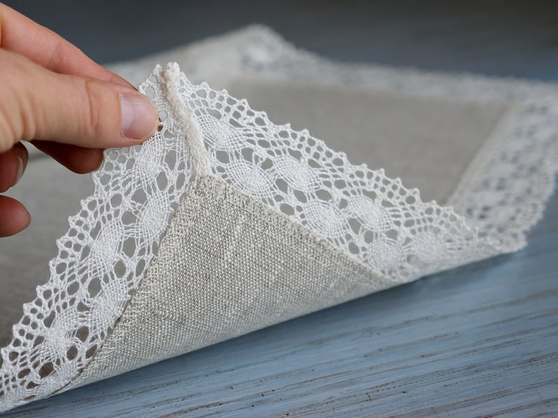 Beige and off White Linen Doily Dresser Scarf With Lace Edge Rectangle ...