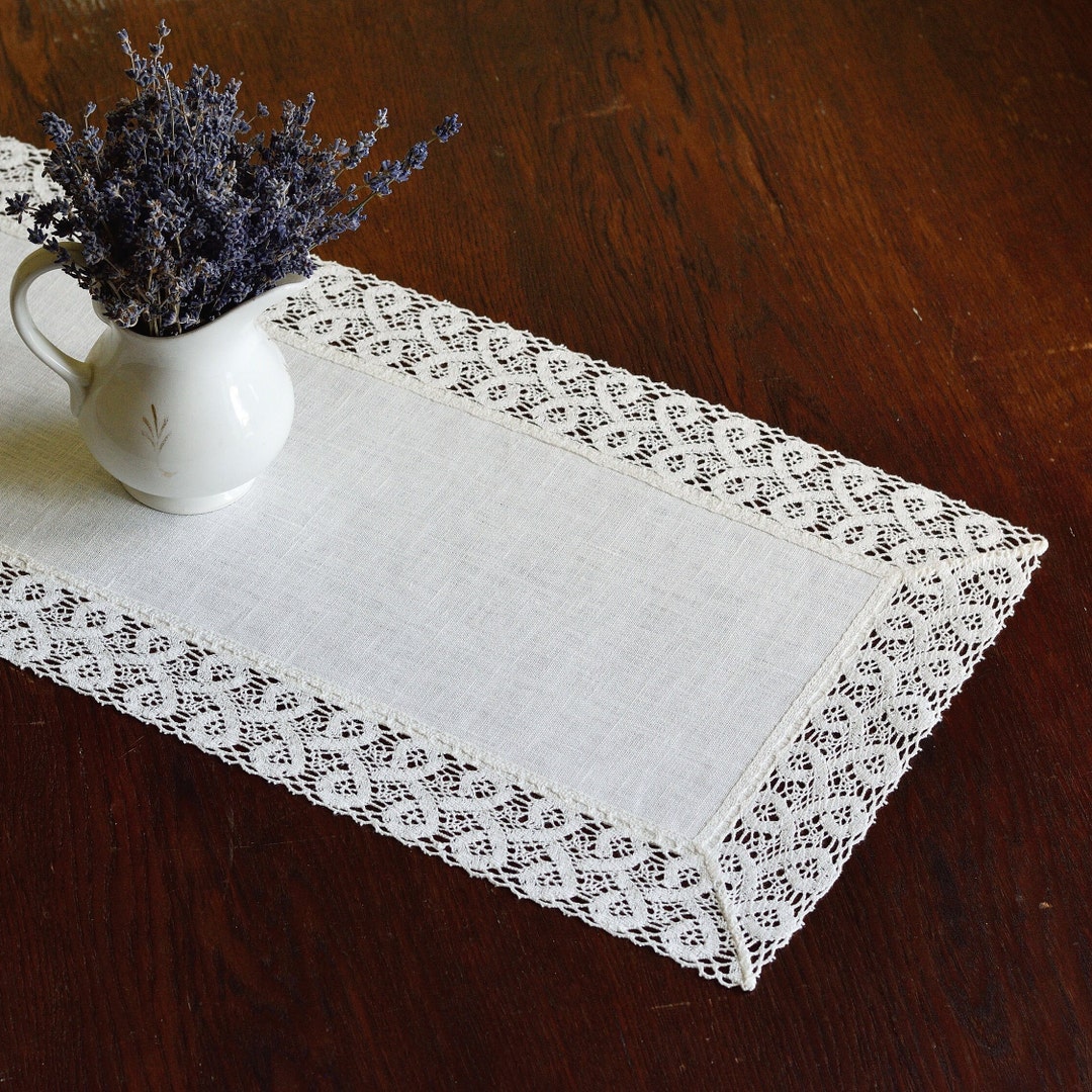Off White Linen Table Runner Lace Trimmed Dresser Scarf Modern ...