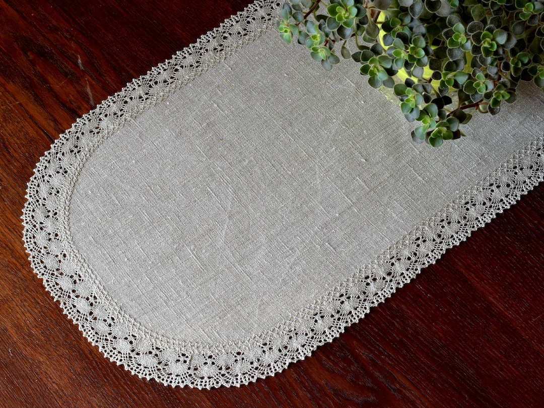 Natural Linen Oval Table Runner With Lace Edge Rustic Table Decor 36 X ...