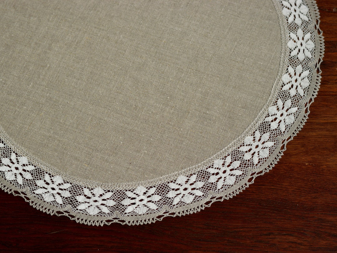 28 Inch Round Linen Table Topper With Lace Edge Small Round Tablecloth ...