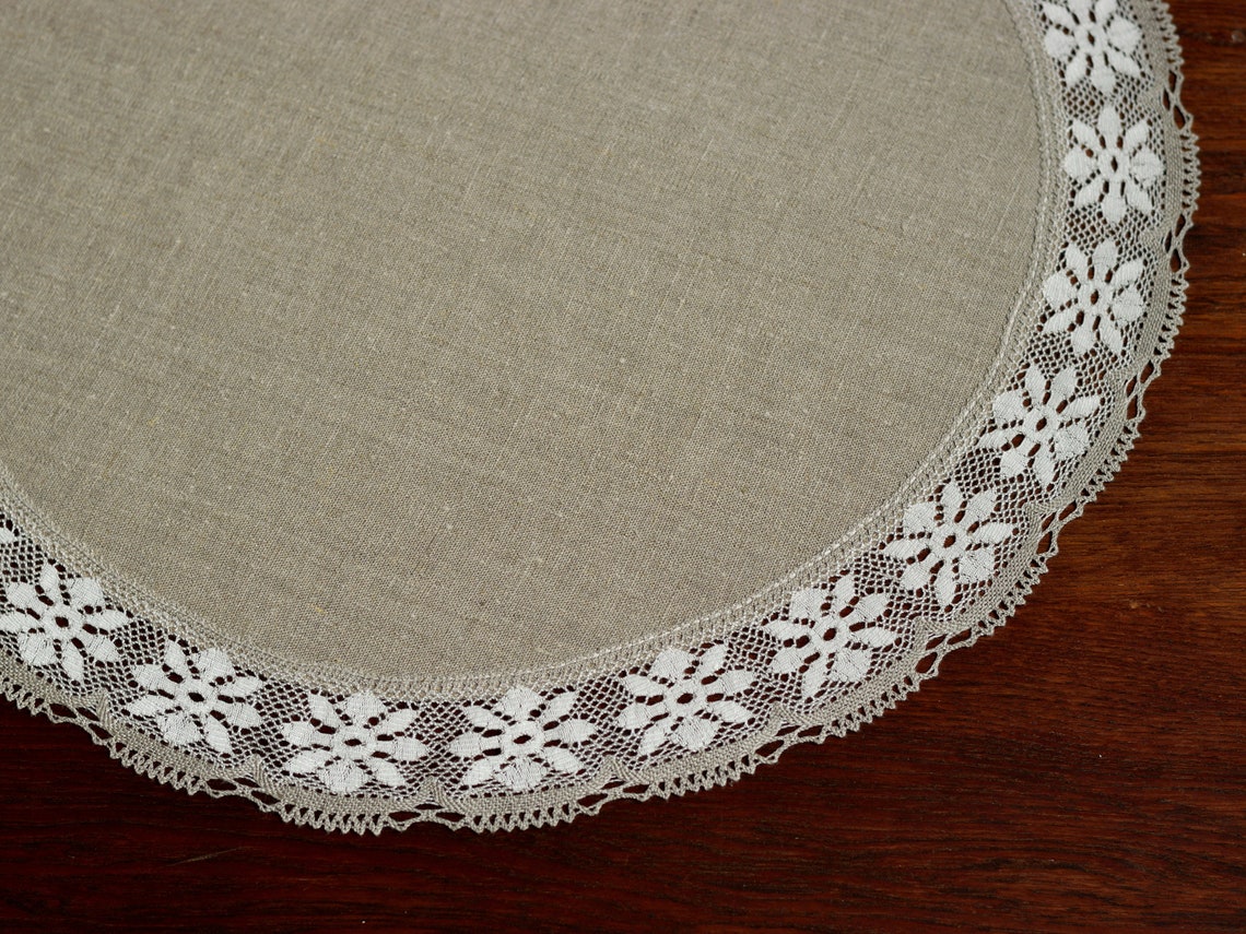 28 Inch Round Linen Table Topper With Lace Edge Small Round - Etsy