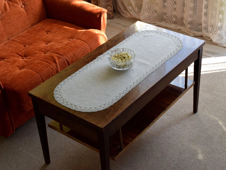 Natural Linen Oval Table Runner With Lace Edge Rustic Table - Etsy