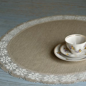 28 Inch Round Linen Table Topper With Lace Edge Small Round Tablecloth ...