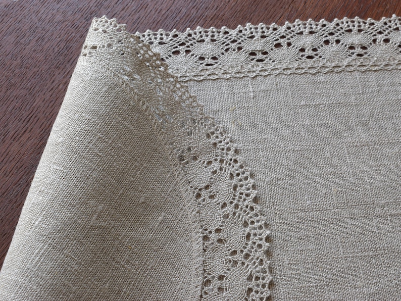 Natural Linen Oval Table Runner With Lace Edge Rustic Table - Etsy