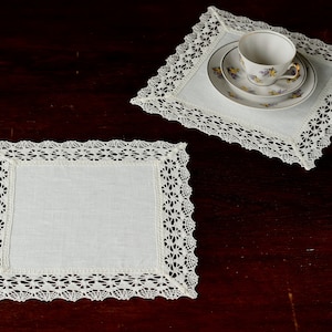 Off White Linen Table Doily Lace Trimmed Placemat Set Nightstand Cover ...
