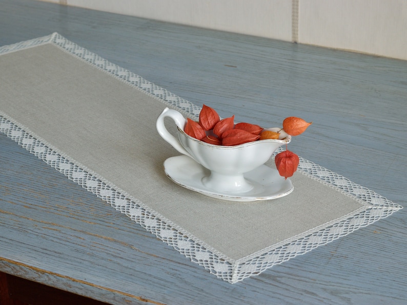 Extra Long Beige Linen Table Runner With Lace Border Rectangle - Etsy