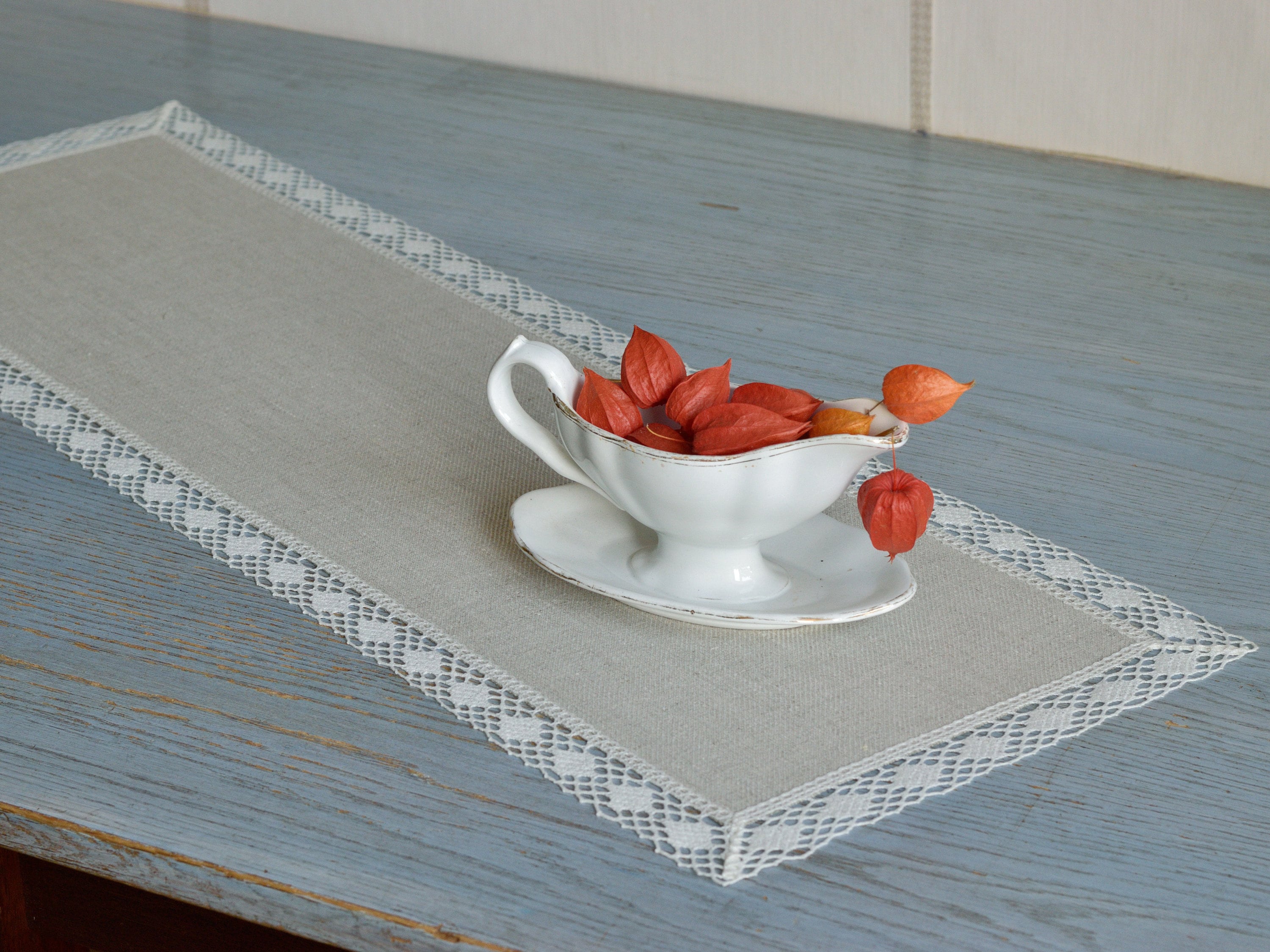 Extra Long Beige Linen Table Runner With Lace Border Rectangle - Etsy