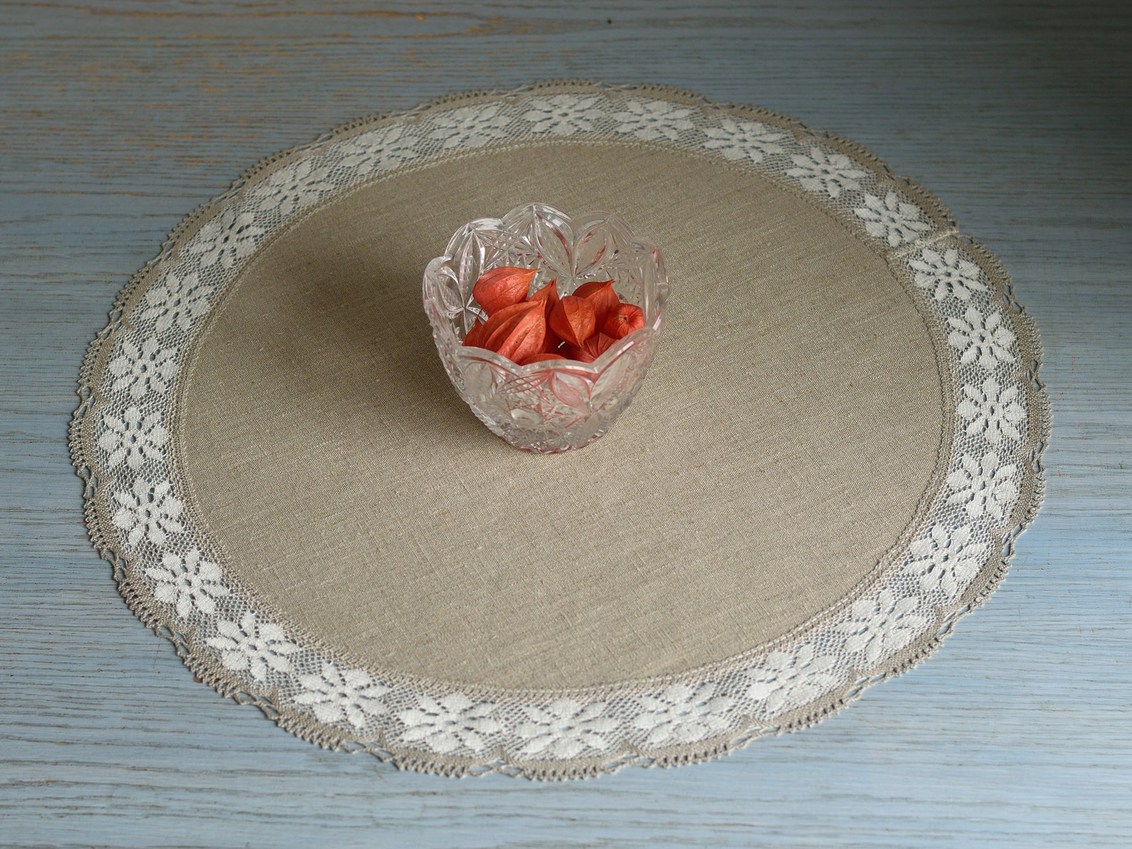 28 Inch Round Linen Table Topper With Lace Edge Small Round - Etsy