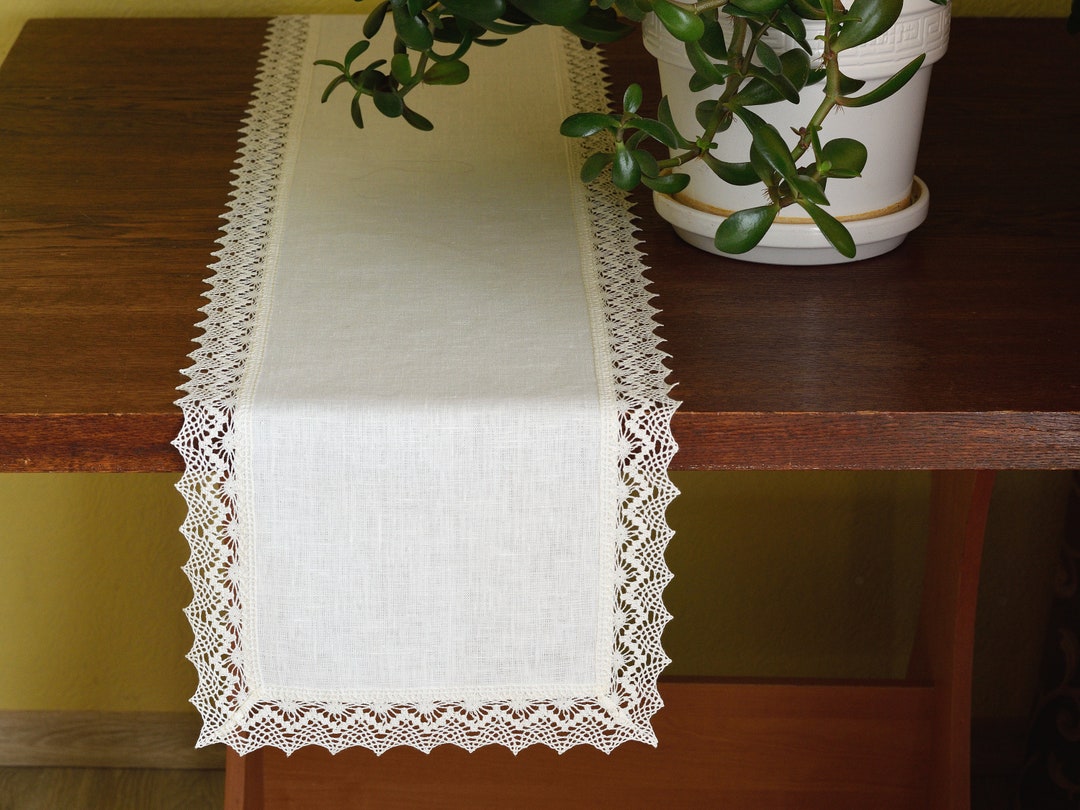 Off White Linen & Lace Table Runner - Rectangle or Oval Dresser Scarf ...
