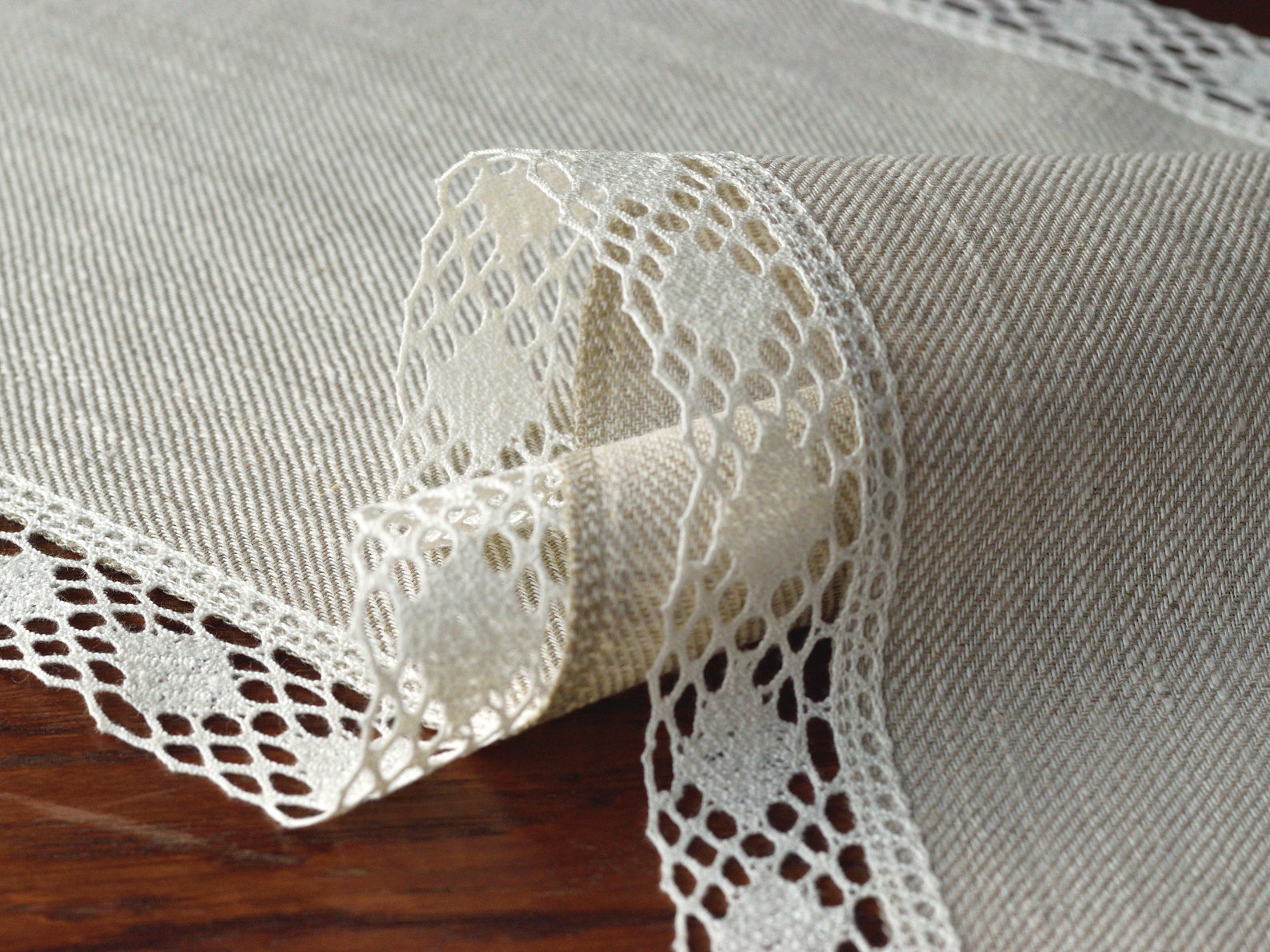 Extra Long Beige Linen Table Runner With Lace Border Rectangle - Etsy