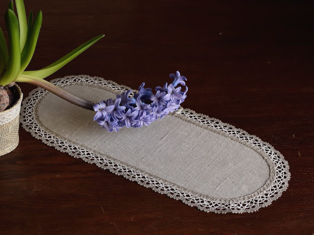 Beige Linen Narrow Table Doily With Lace Trim Small Oval Dresser Scarf ...