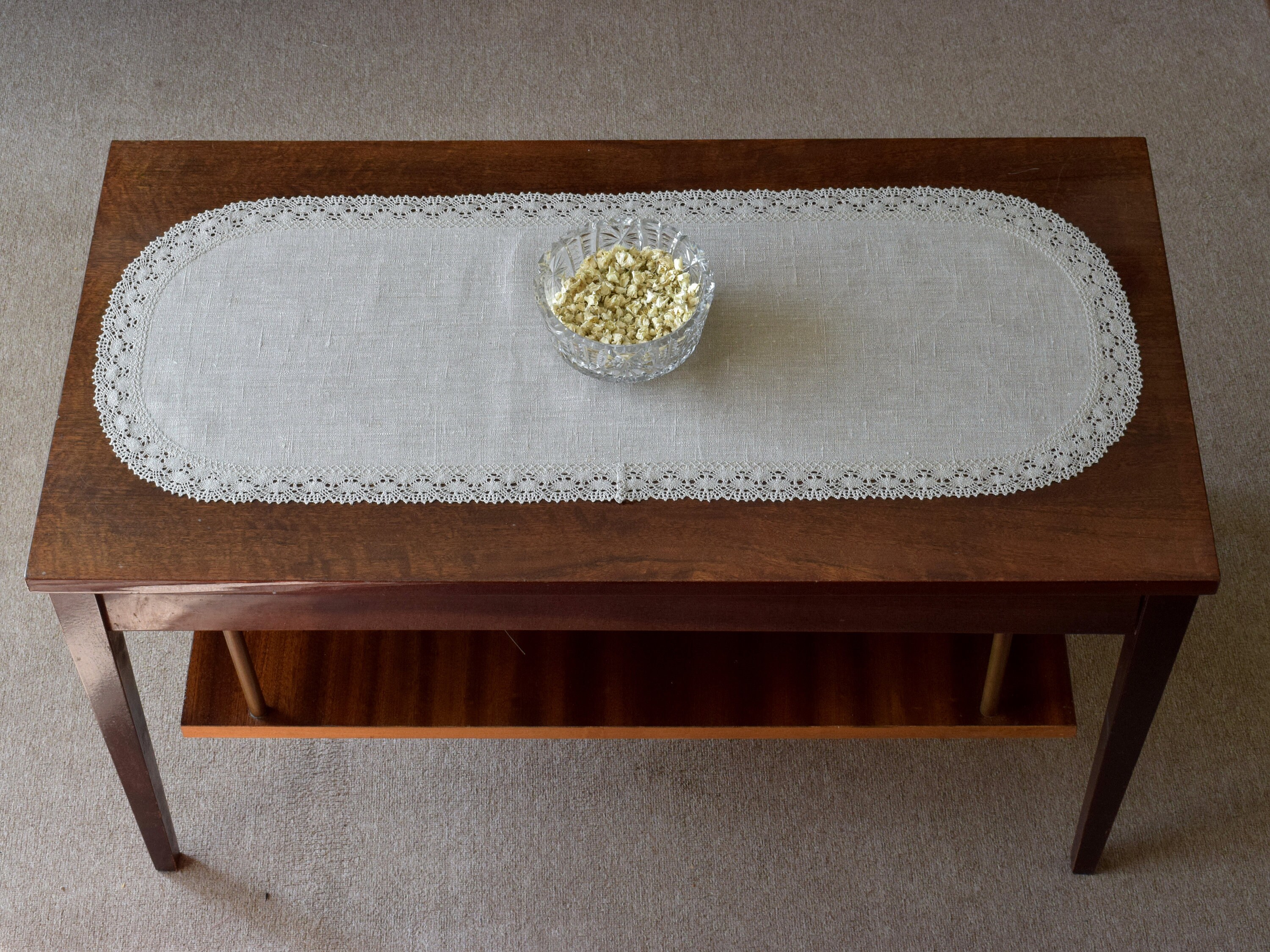 Natural Linen Oval Table Runner With Lace Edge Rustic Table - Etsy
