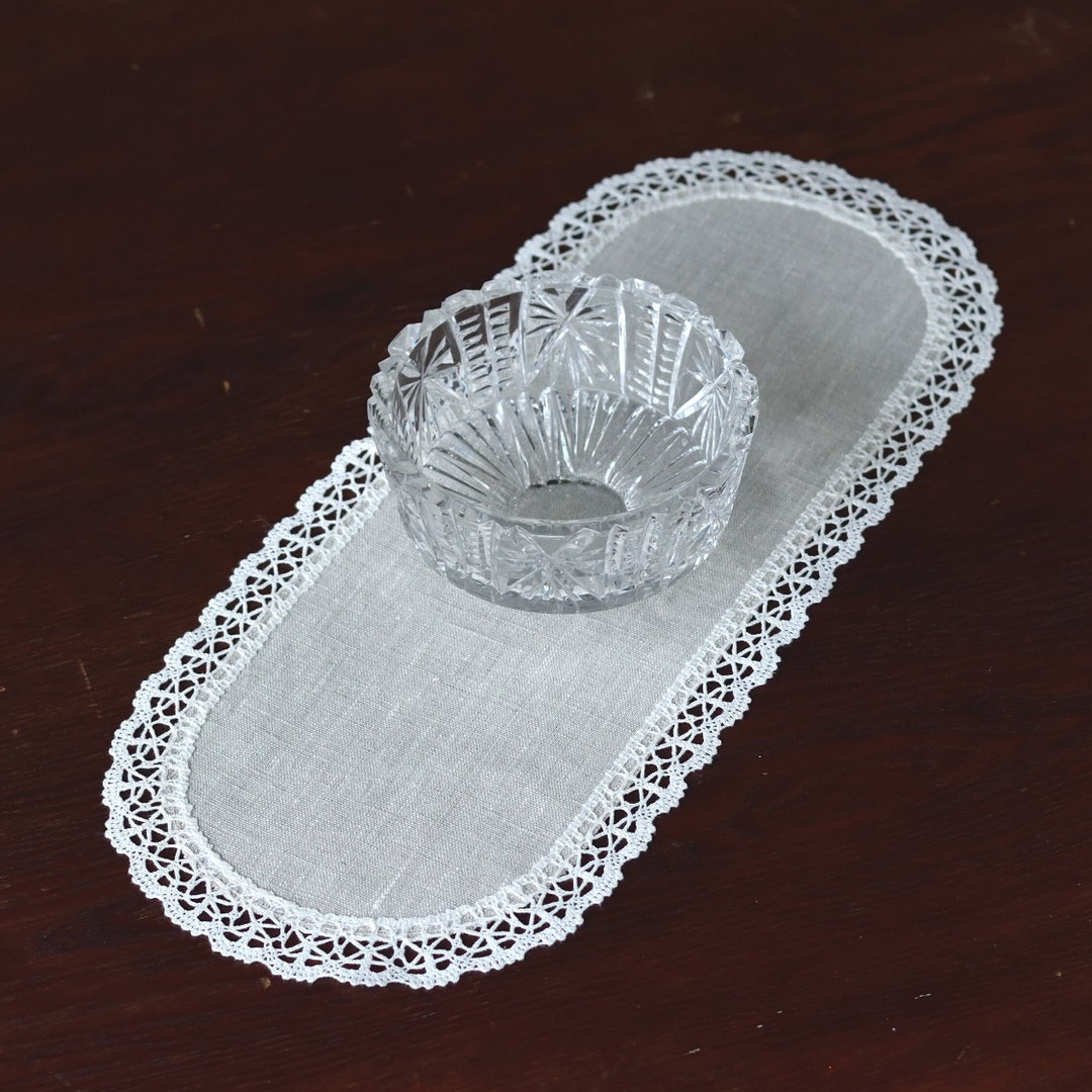 Natural Beige Linen Table Doily With off White Lace Small Oval Dresser ...