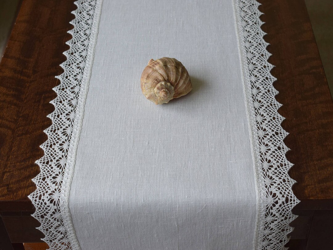 Off White Linen Table Runner With Lace Edge Rectangle or Oval - Etsy