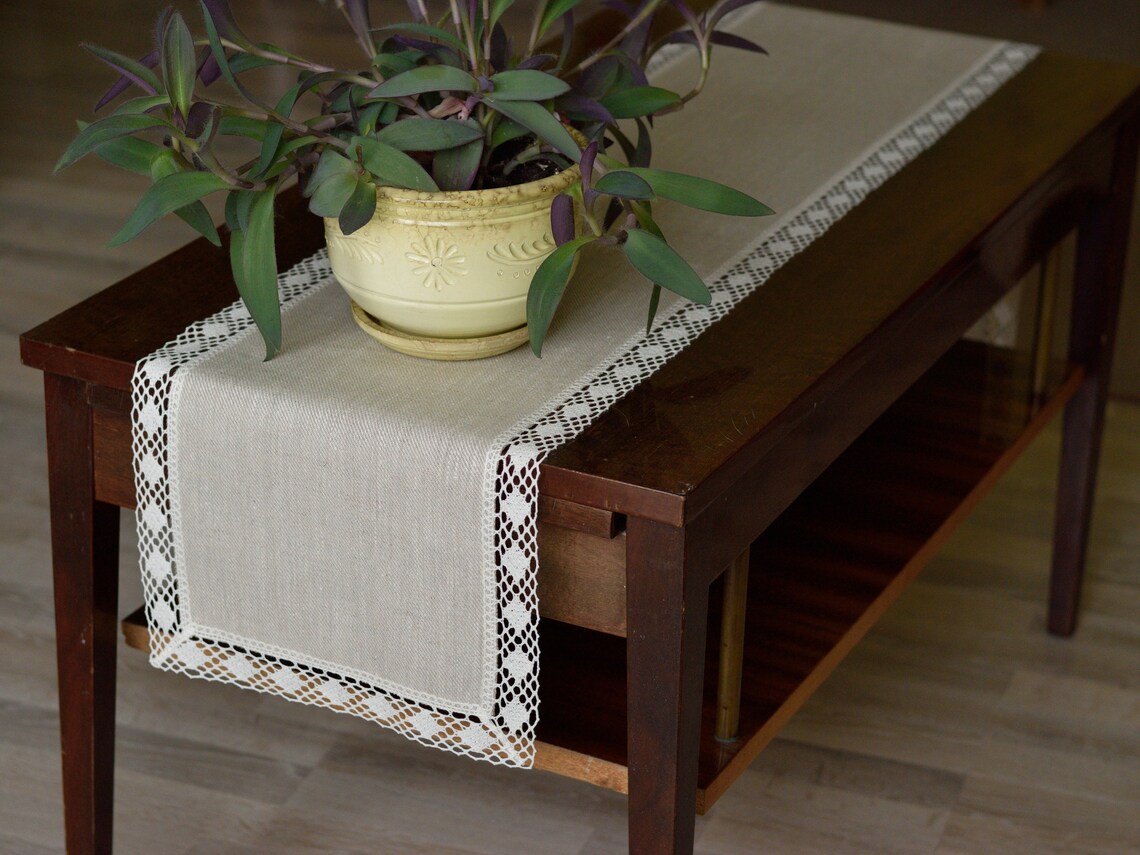 Extra Long Beige Linen Table Runner With Lace Border Rectangle - Etsy