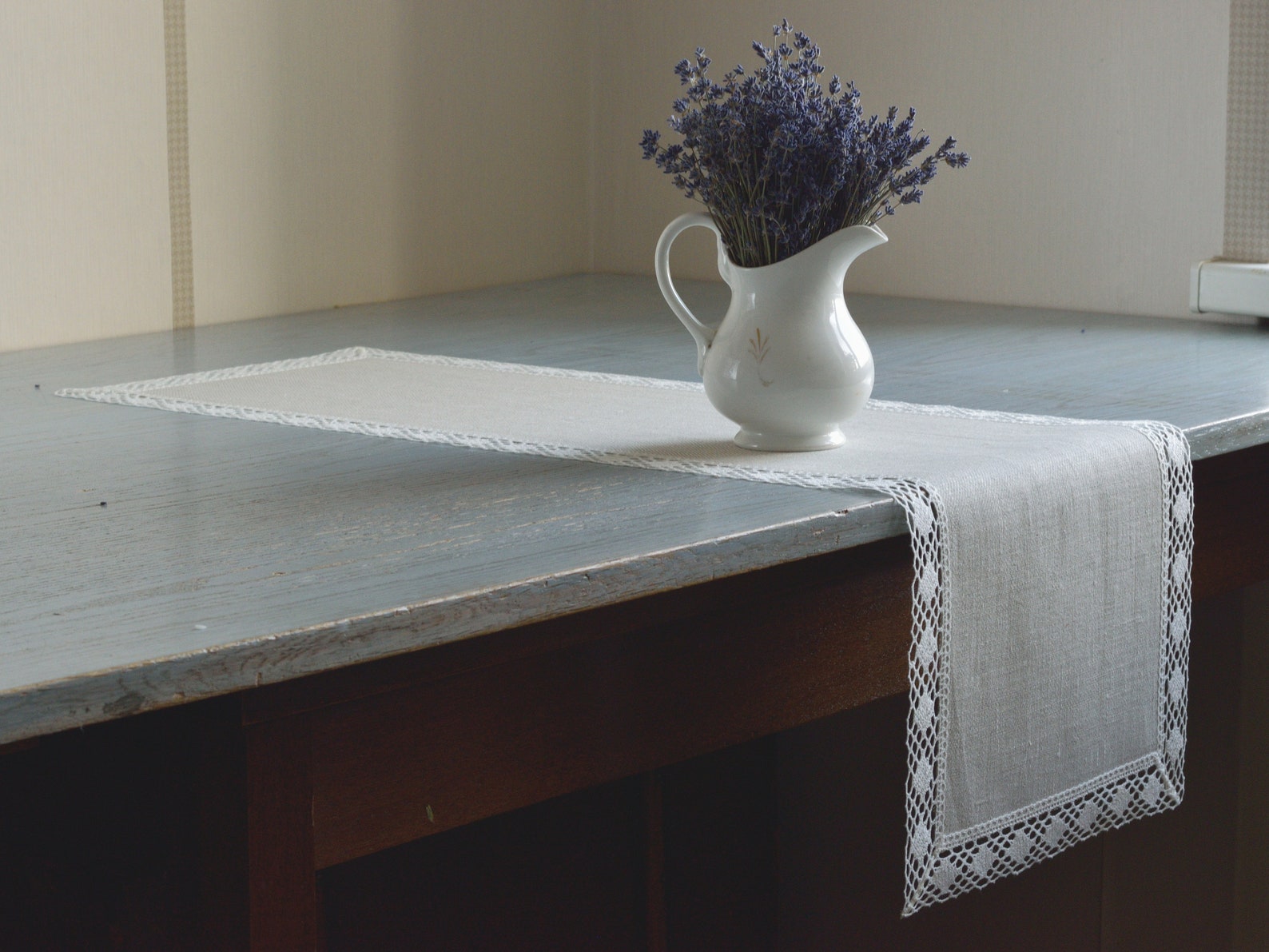 Extra Long Beige Linen Table Runner With Lace Border Rectangle - Etsy