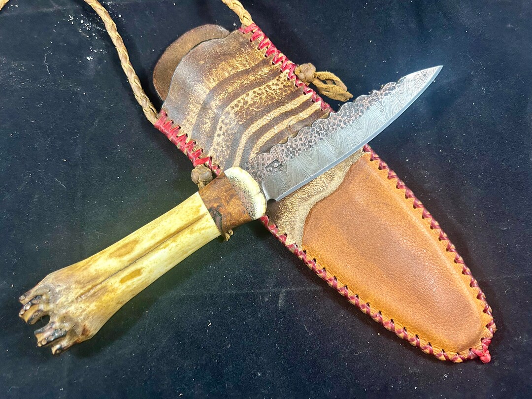 Forged Damascus, Frontier Style Neck Knife With Copper Patina, Goat ...
